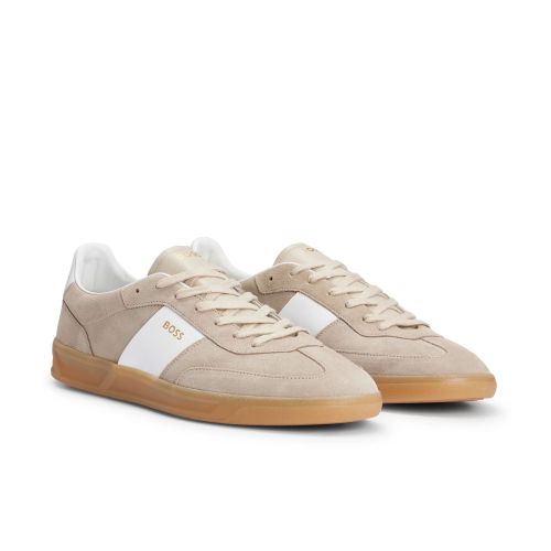 Boss Suede-Leather Lace-Up Trainer With Branding | Medium Beige ...