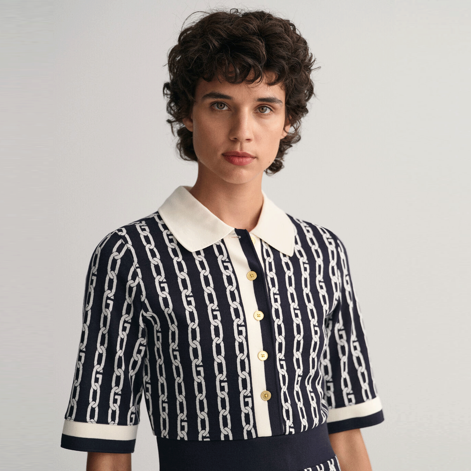 GANT Chain Jacquard Mid Sleeve Polo Dress | Navy